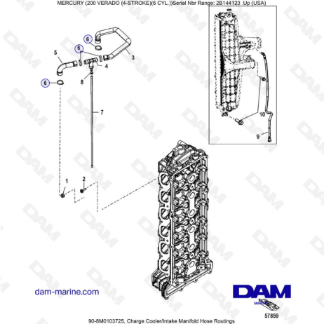 Mercury Verado 200 (6 cylindres) - Charge cooler/Intake manifold hose ...