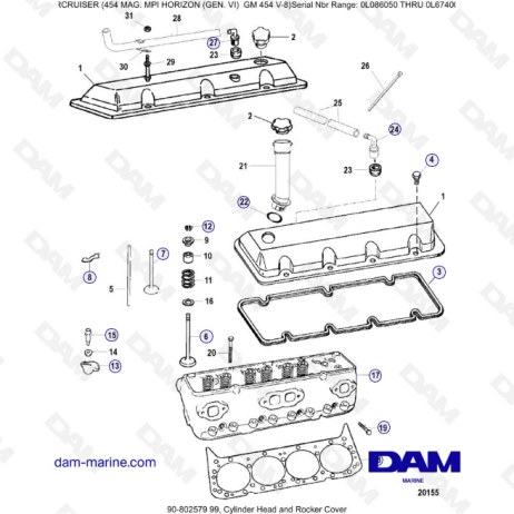 MERCRUISER 454 MAG MPI HORIZON - Cylinder head & rocker cover - DAM Marine