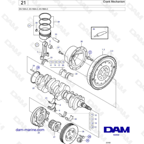 Volvo Penta D3-130A-C, D3-160A-C, D3-190A-C - Crank Mechanism - DAM Marine