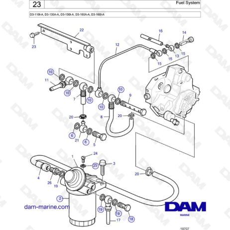 Volvo Penta D3-110I-A, D3-130A-A, D3-130I-A, D3-160A-A, D3-160I-A - Fuel system - DAM Marine