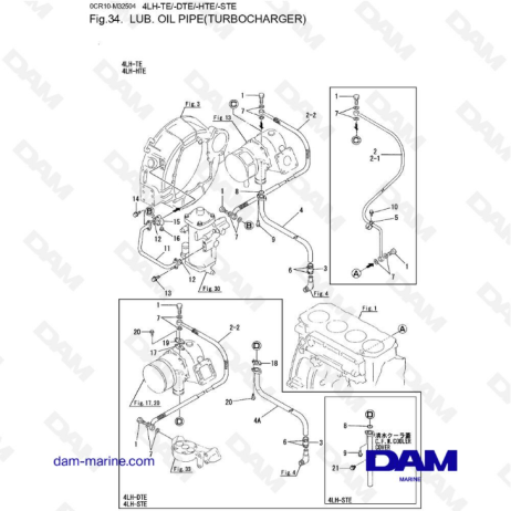 Yanmar 4LH-TE / 4LH-DTE / 4LH-HTE / 4LH-STE - Lub oil pipe (turbocharger) - DAM Marine